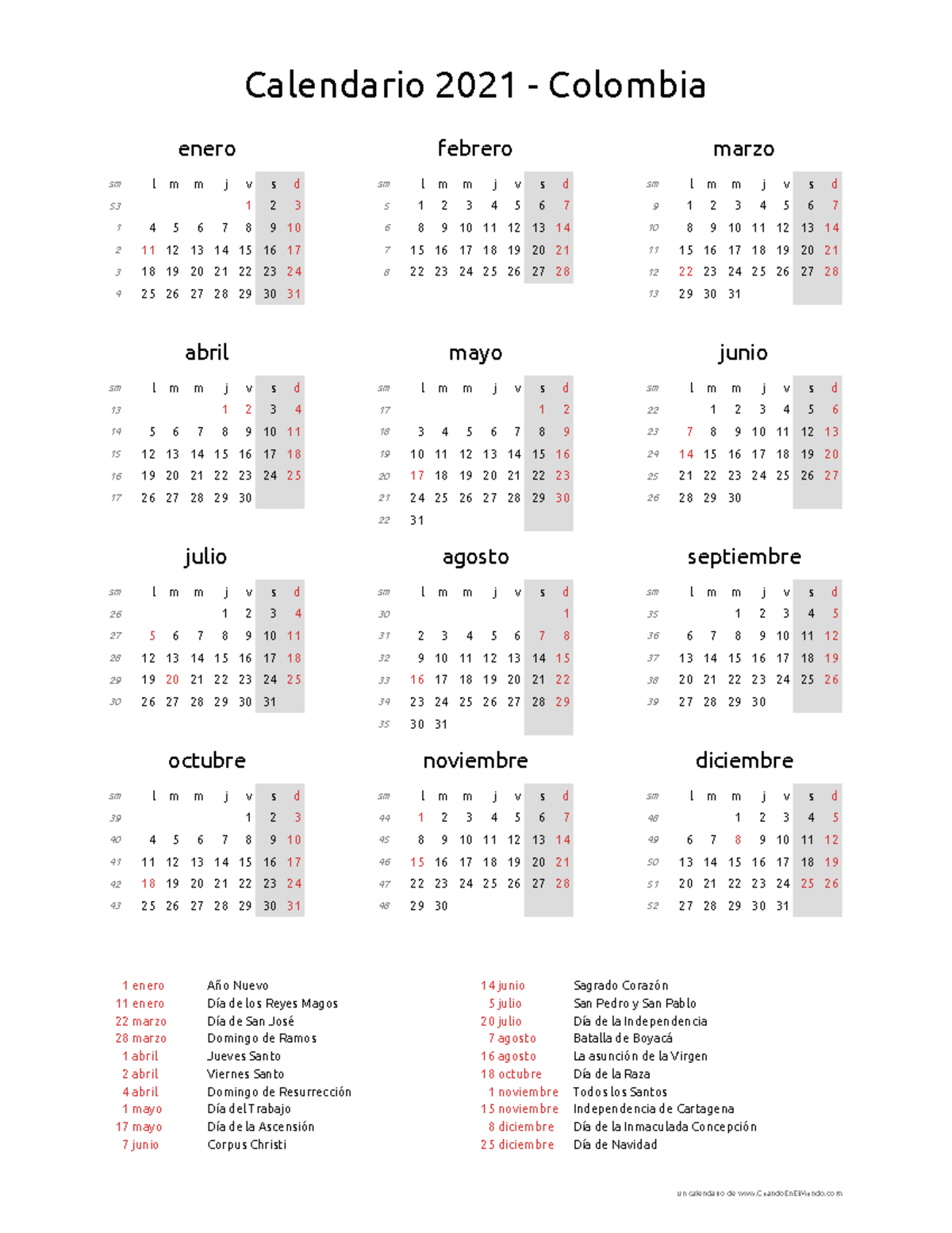 Calendario 2021 - ffd - Calendario 2021 - Colombia enero sm 53 1 2 3 4 ...