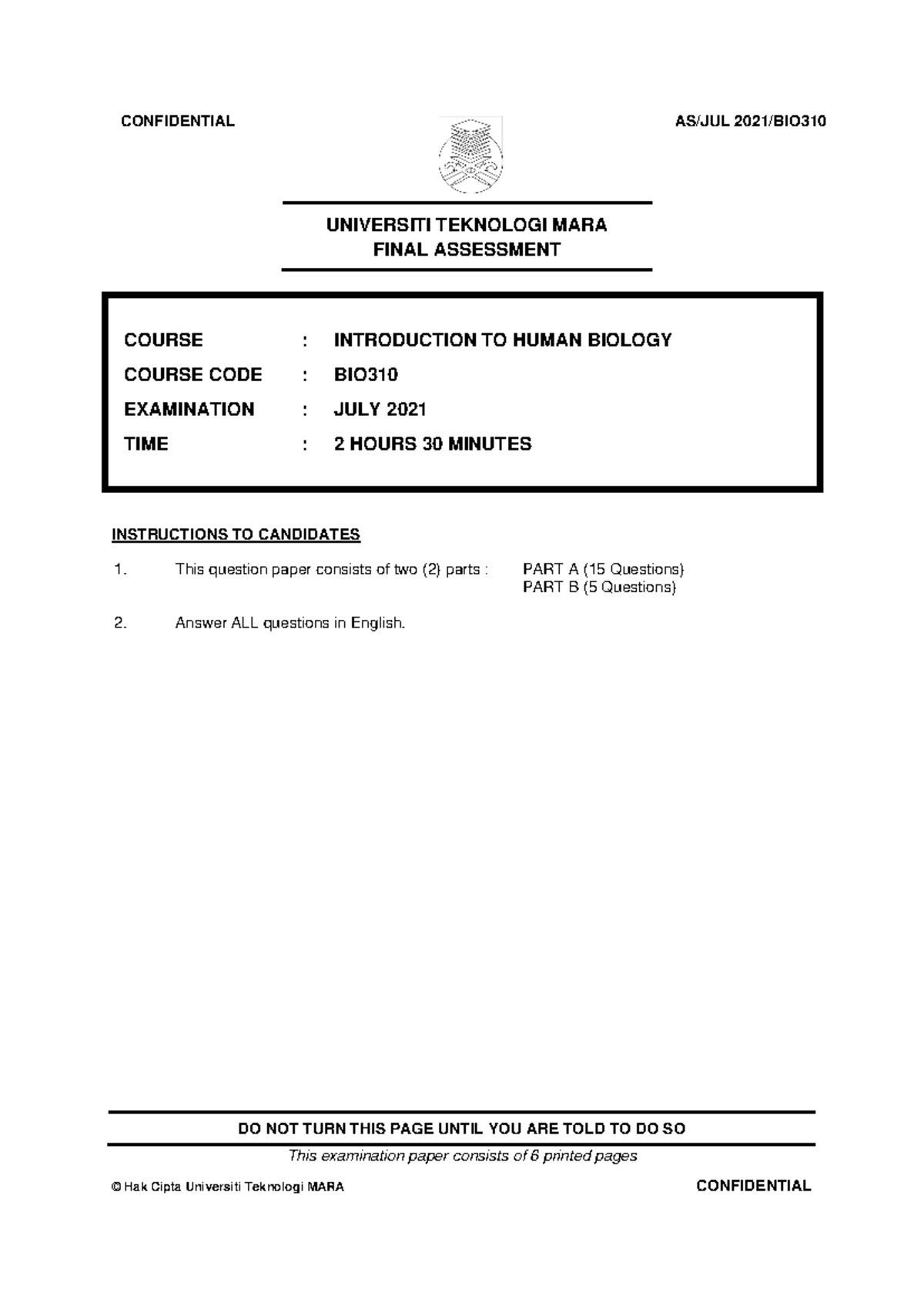 Faculty Applied Sciences 2021 Session 1 - PRA- Diploma DAN Diploma BIO310 - UNIVERSITI TEKNOLOGI ...