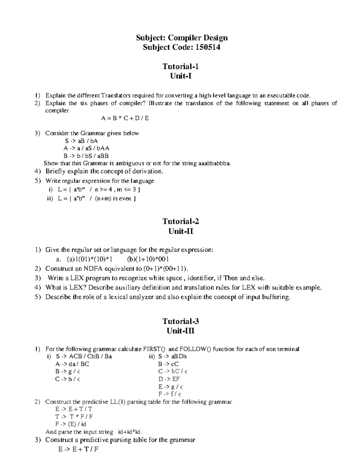 150514 Compiler Tutorial - Subject: Compiler Design Subject Code: 150514 Tutorial- Unit-I 1 ...