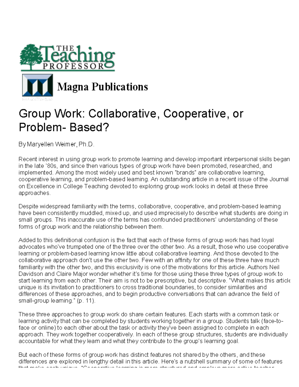 Group Work Collaborative Cooperative or Problem Based The Teaching ...