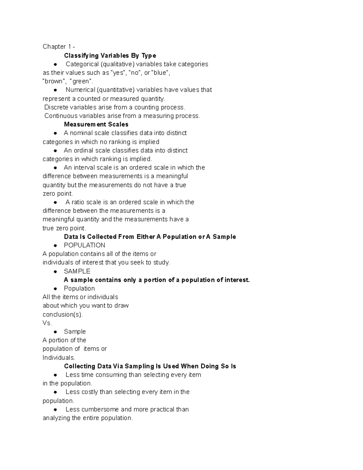 MGTop 215 Stats - Chapter 1 - Classifying Variables By Type Categorical (qualitative) variables ...