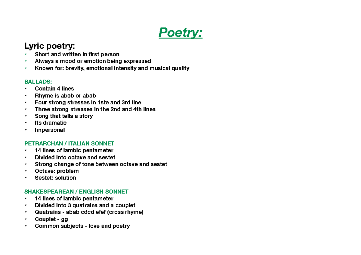 Englsih - poetry notes - Poetry: Lyric poetry: Short and written in ...