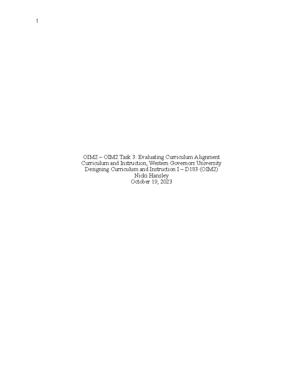 OIM2 Task 3 Evaluating Curriculum Alignment - OIM2 – OIM2 Task 3: Evaluating Curriculum ...