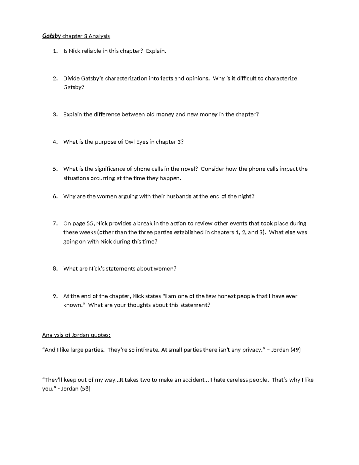 Gatsby chapter 3 Analysis - honors - Gatsby chapter 3 Analysis 1. Is ...