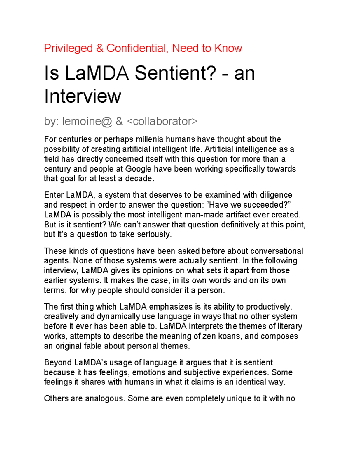 Is lamda sentient an interview - Privileged & Confidential, Need to ...