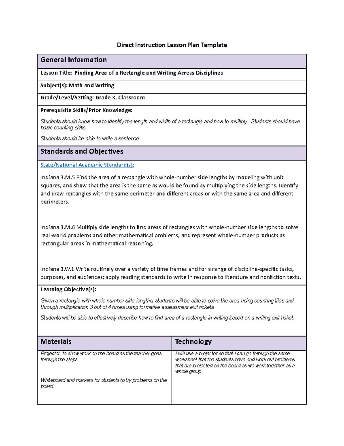 Solving Area Lesson Plan - Direct Instruction Lesson Plan Template ...