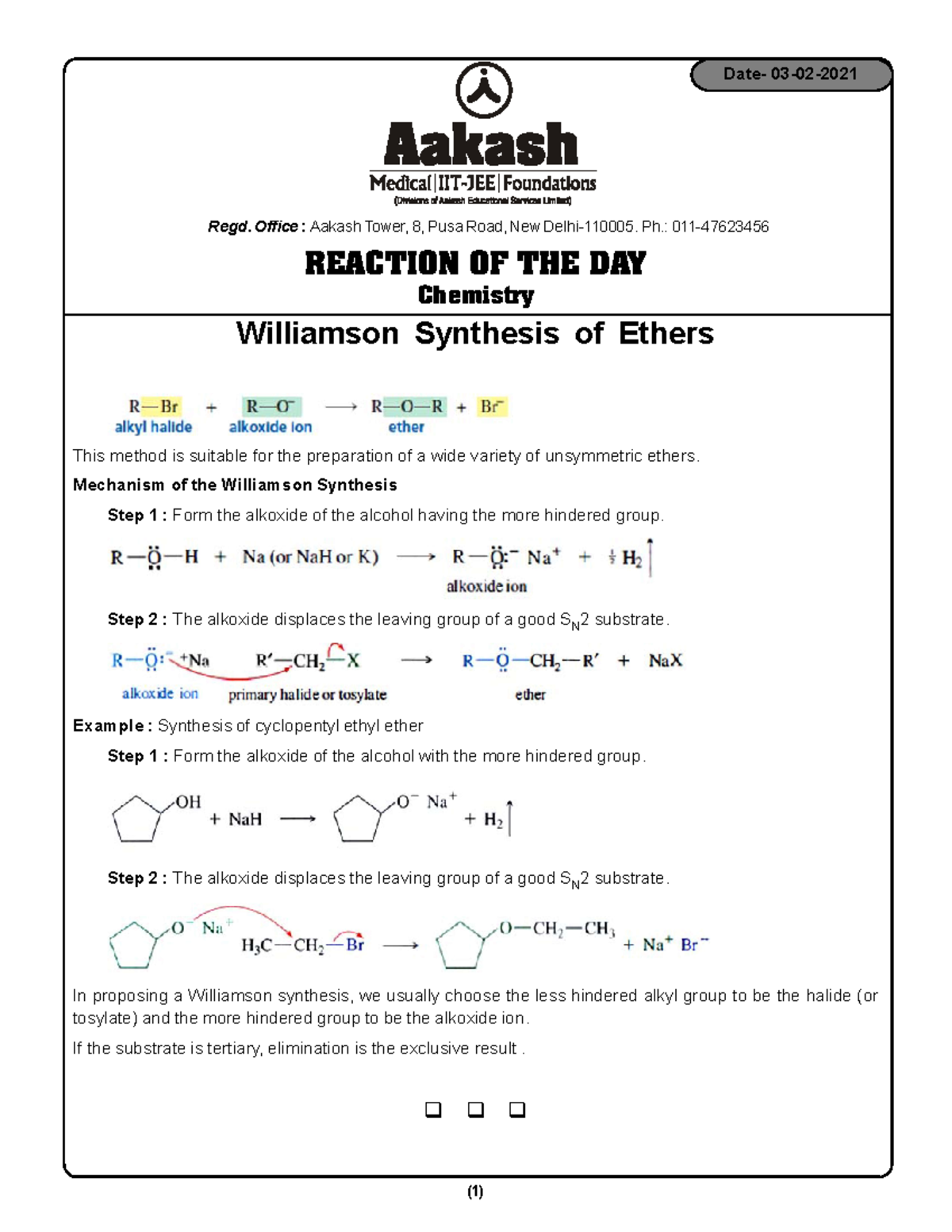Williamson Synthesis of Ethers - (1) This method is suitable for the ...