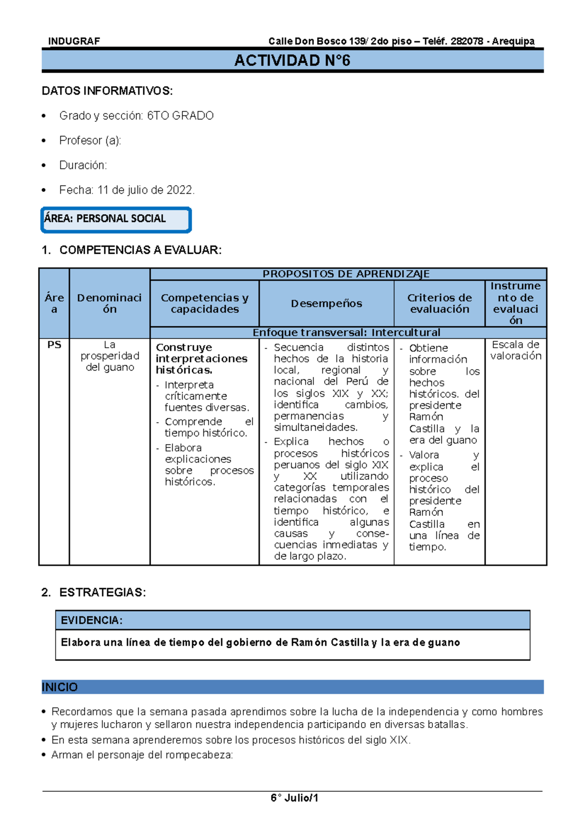 6° Grado - Actividad DEL DIA 11 DE Julio - ACTIVIDAD N° DATOS ...