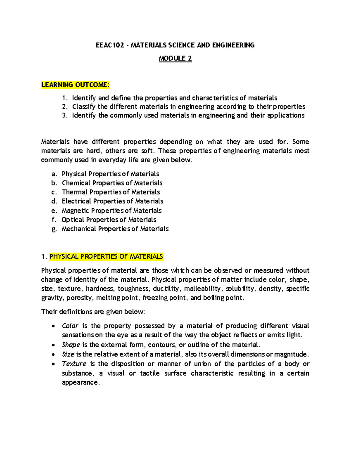 EEAC102 Module 2 - Study well - EEAC102 - MATERIALS SCIENCE AND ...