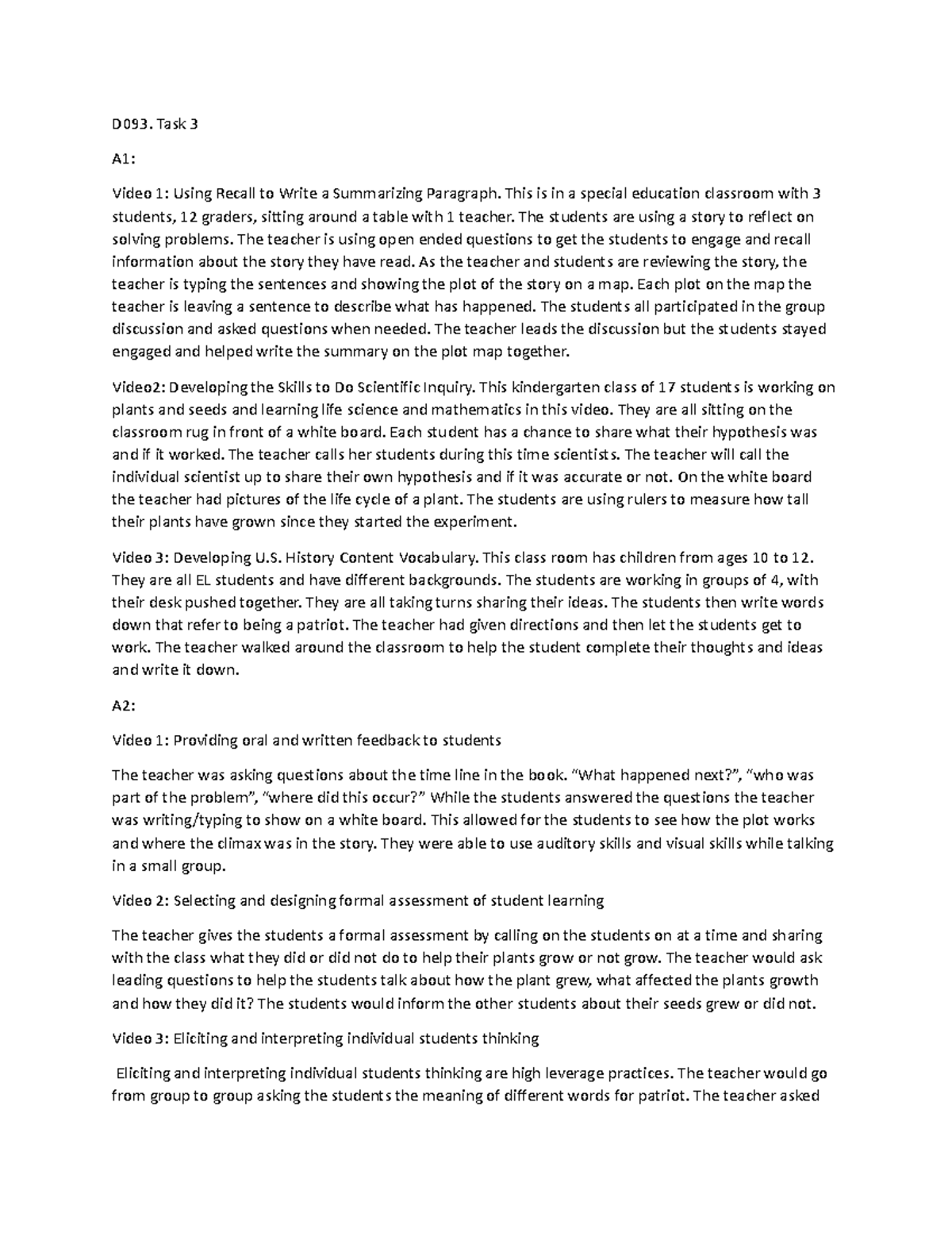 D093 - COurse work - D093. Task 3 A1: Video 1: Using Recall to Write a Summarizing Paragraph ...