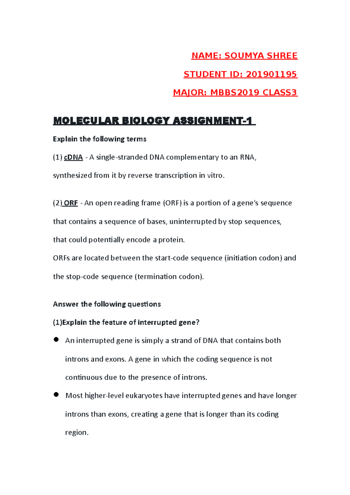 Molecular biology assignment genetic makeup - NAME: SOUMYA SHREE ...