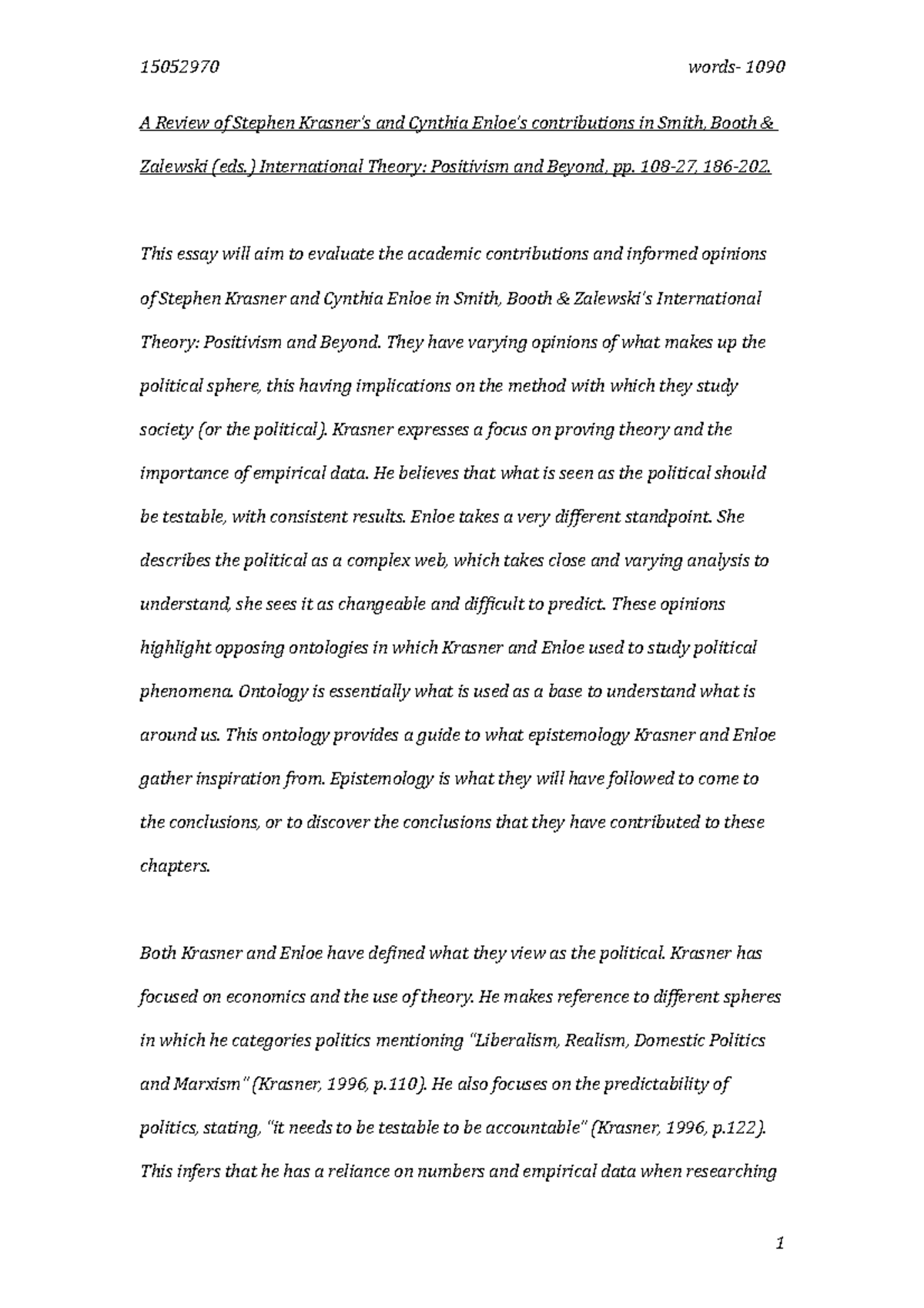 A Review of Stephen Krasner’s and Cynthia Enloe’s contributions in ...