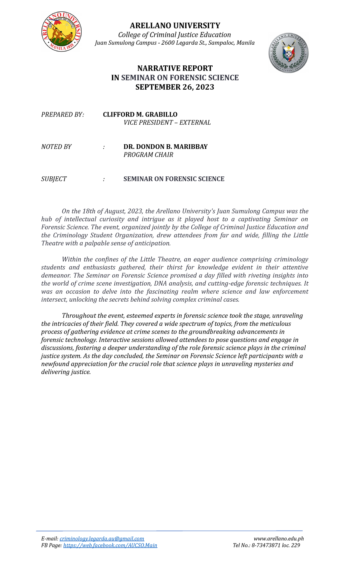 Forensicscience Narrative Report Updated - ARELLANO UNIVERSITY College ...