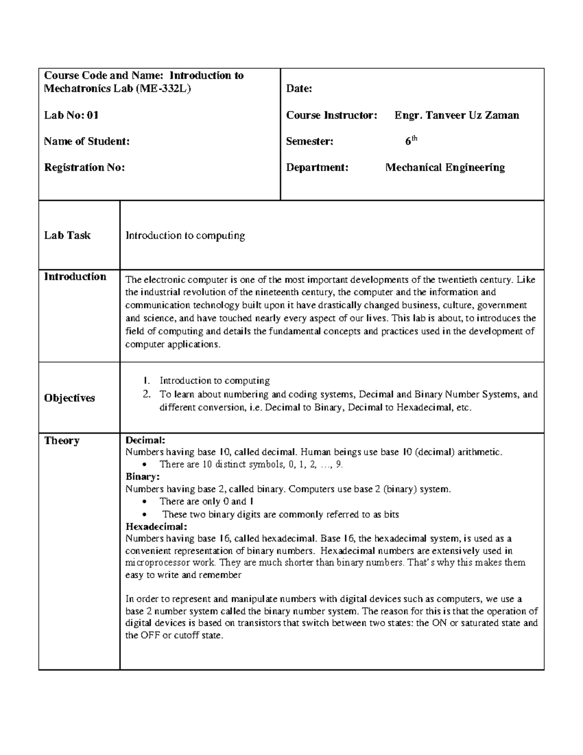 Lab Task 01 (Introduction to computing) - Course Code and Name ...
