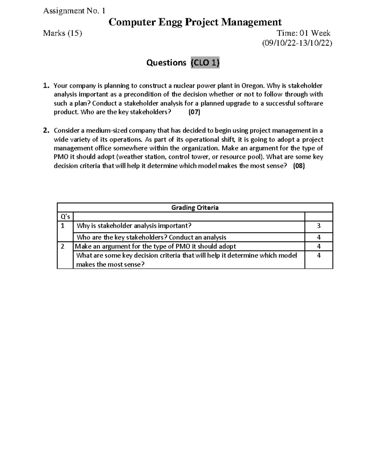Assignment No 1 - 1 Computer Engg Project Management Marks (15) Time ...