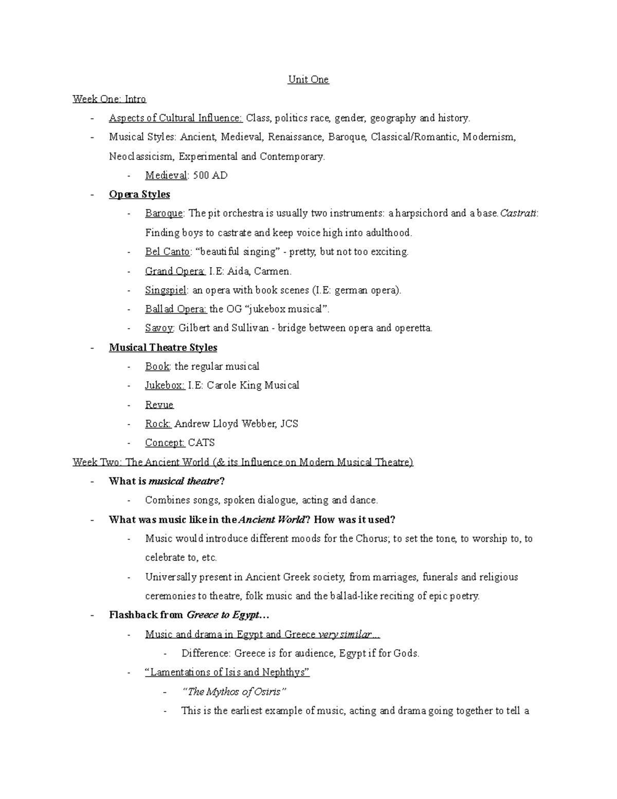 Theatre History Notes 1 - Unit One Week One: Intro Aspects of Cultural ...