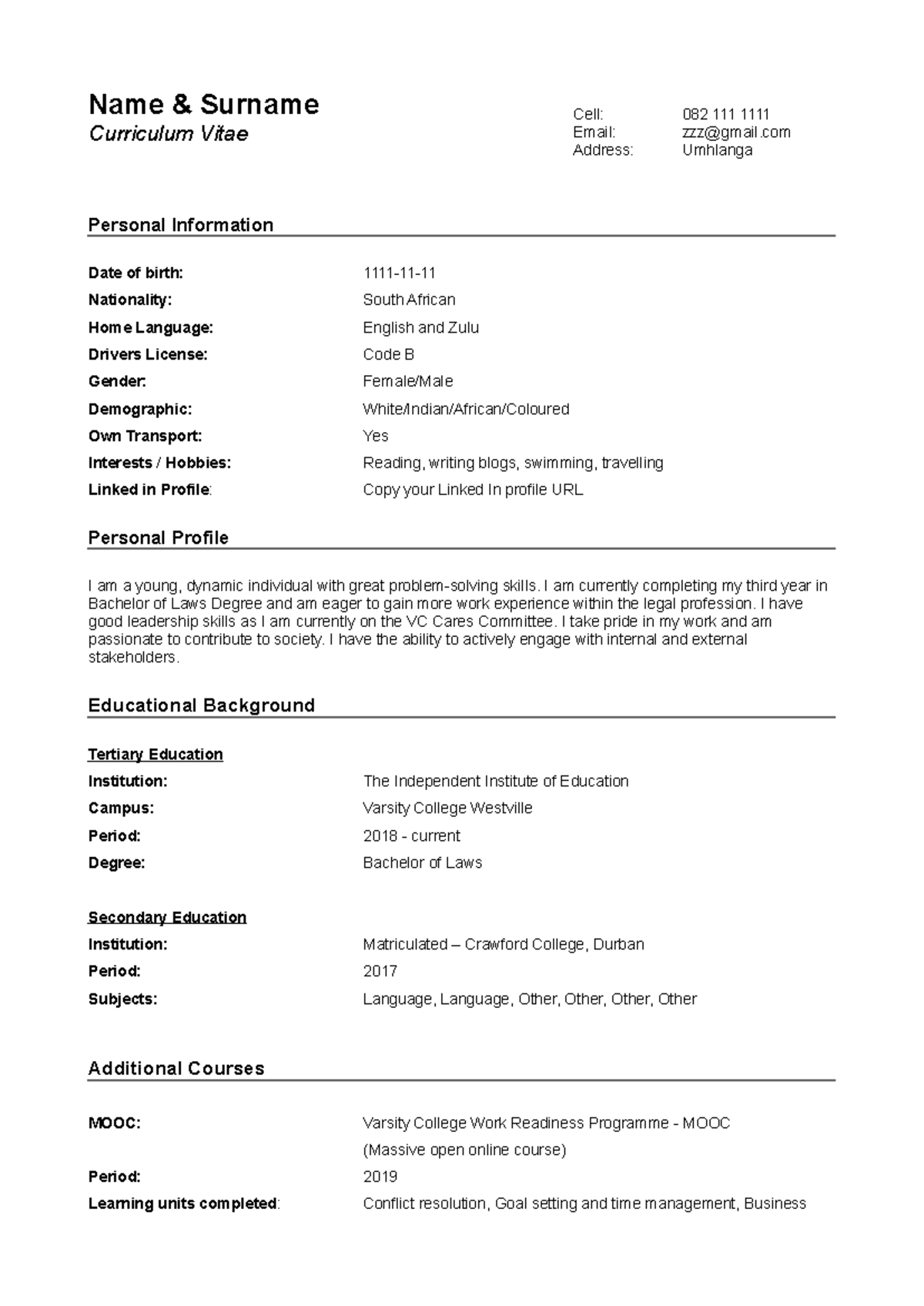 Concise Traditional LLB - Name & Surname Curriculum Vitae Cell: 082 111 ...
