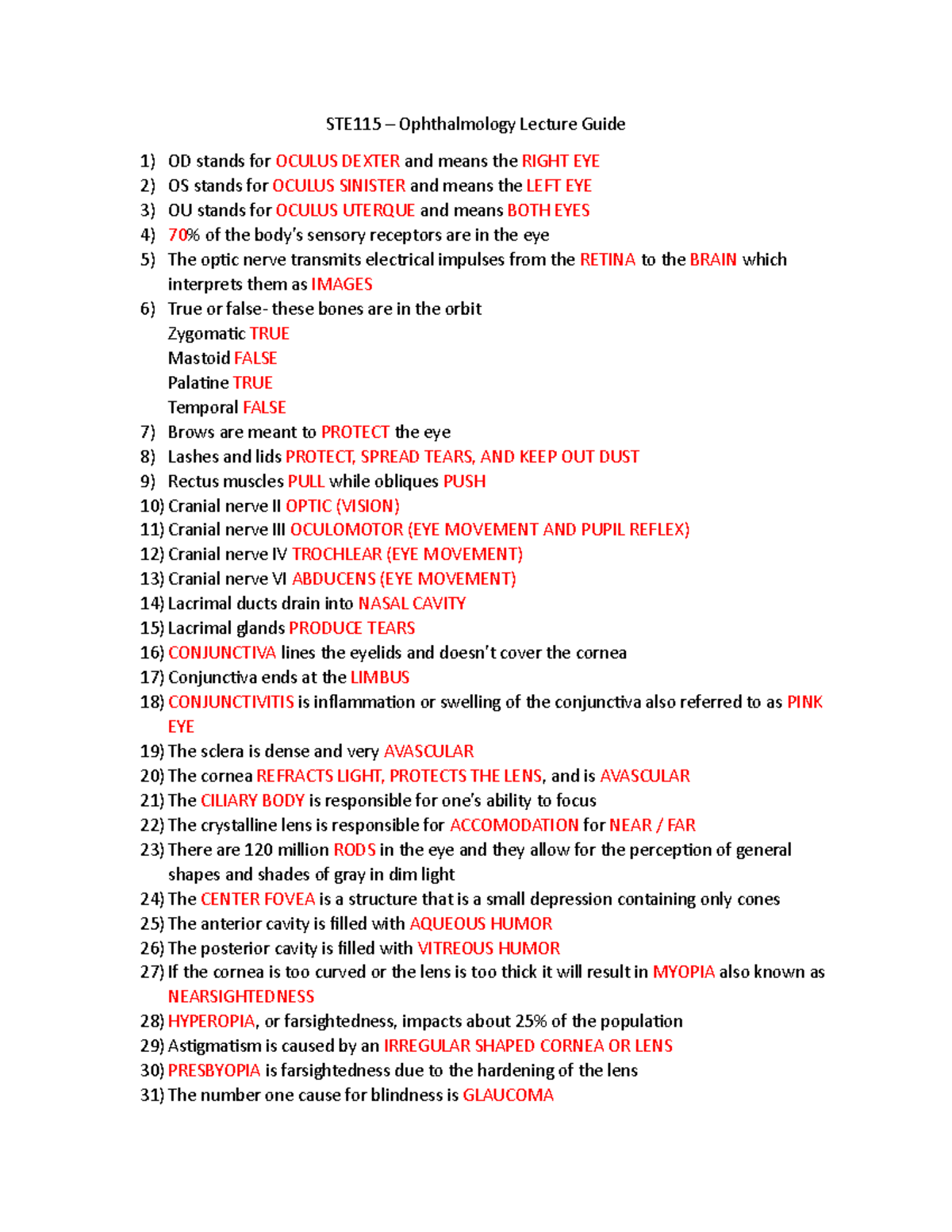 Ophthalmology Lecture Guide - Studocu