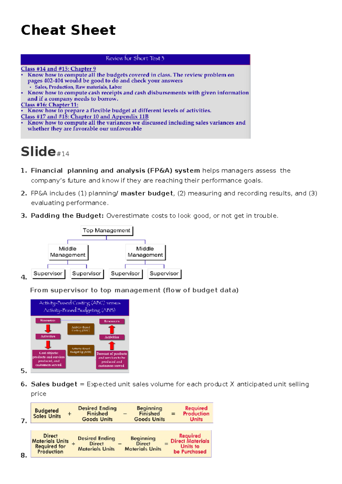 Cheat Sheet - Cheat Sheet Slide 1. Financial planning and analysis (FP ...