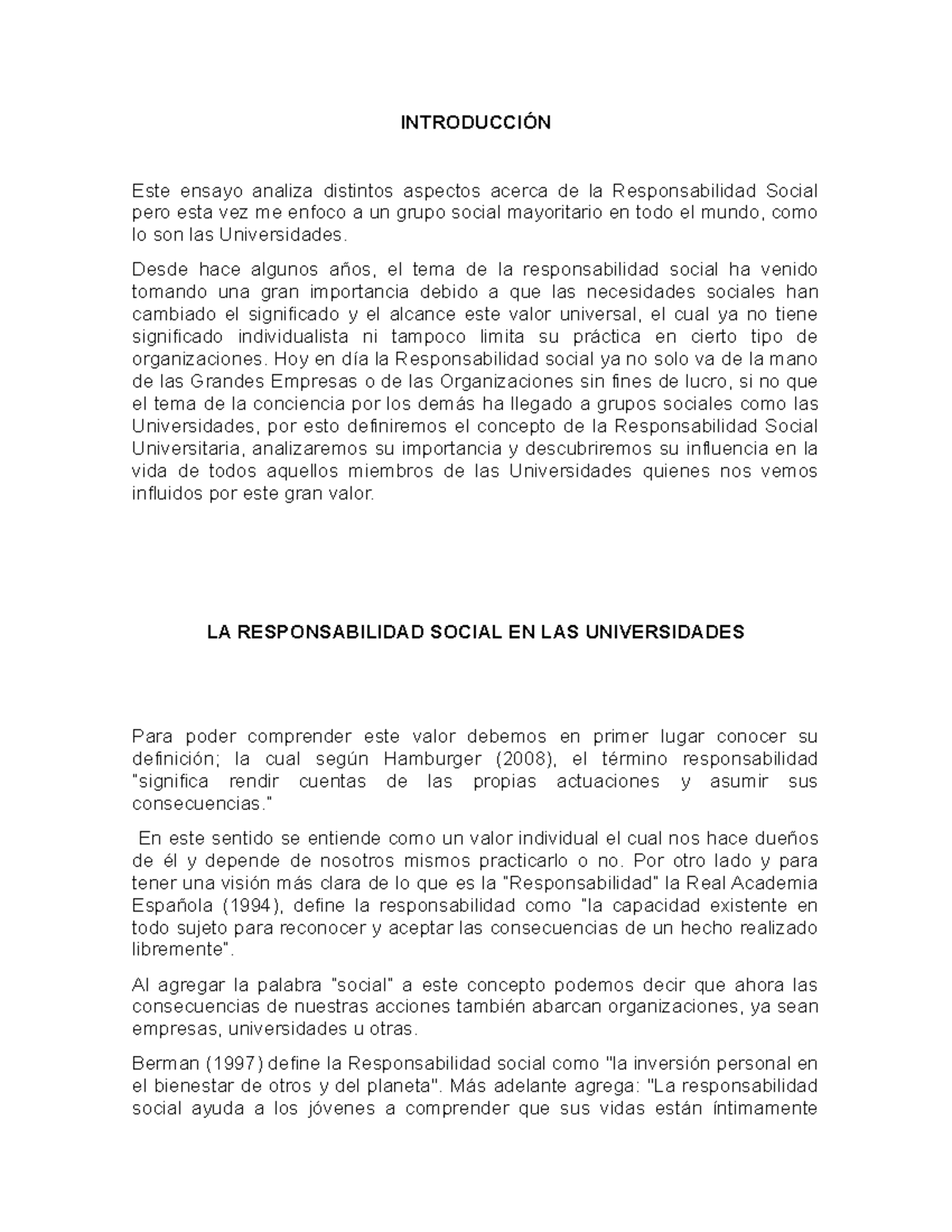 285239852 Ensayo La Responsabilidad Social Universitaria - INTRODUCCIÓN Este ensayo analiza ...