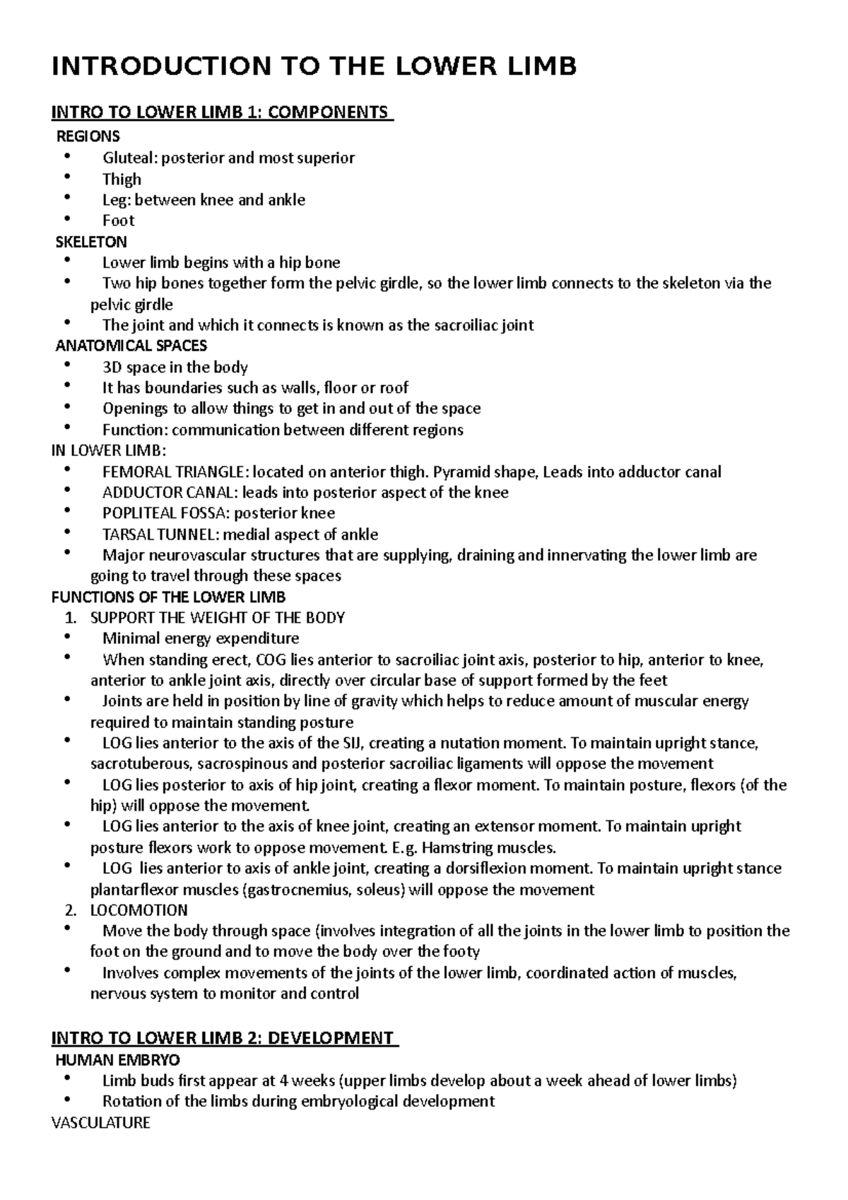 Lower LIMB Notes INTRODUCTION TO THE LOWER LIMB INTRO TO LOWER LIMB 1