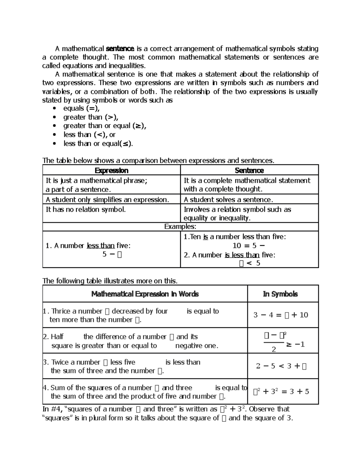Mathematical Sentence and Sets - A mathematical sentence is a correct ...