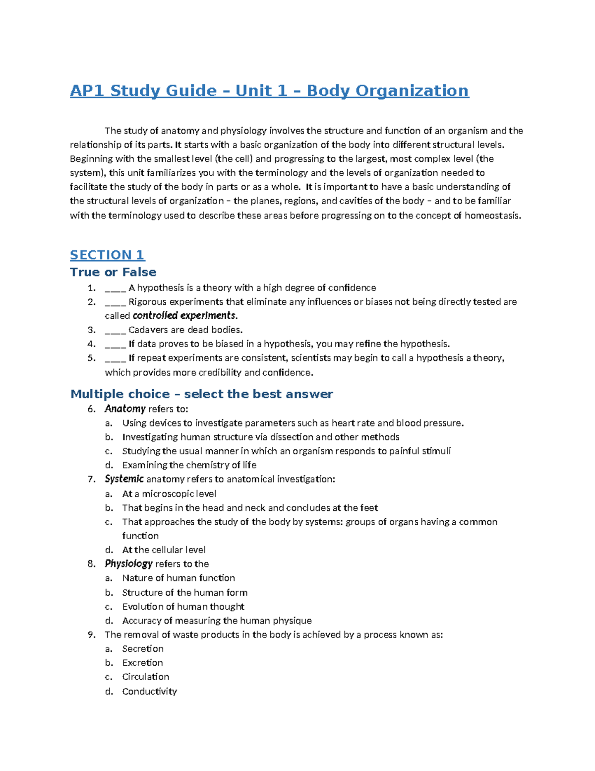 AP1 Study Guide Unit 1 copy - AP1 Study Guide – Unit 1 – Body ...