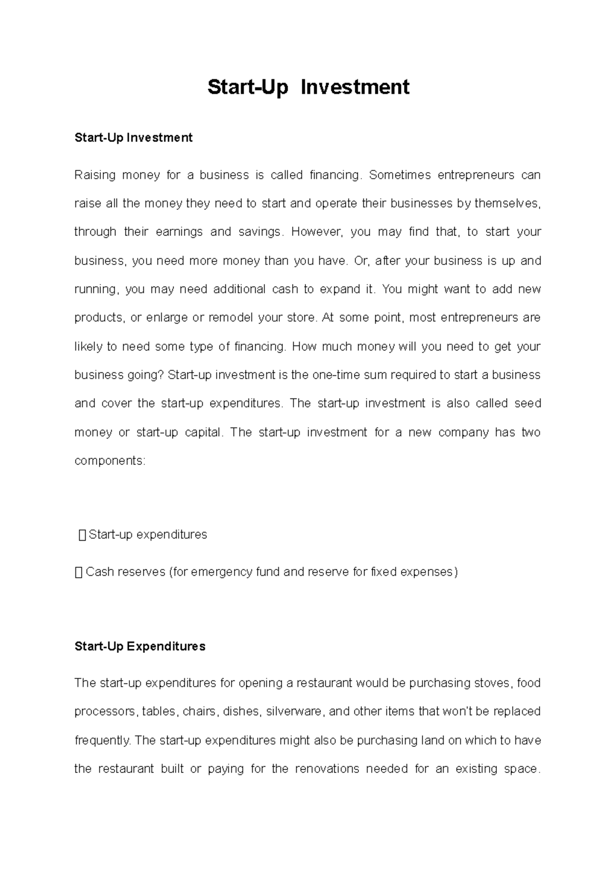 Start Up Investment - notes that have a definitions, examples, solution ...
