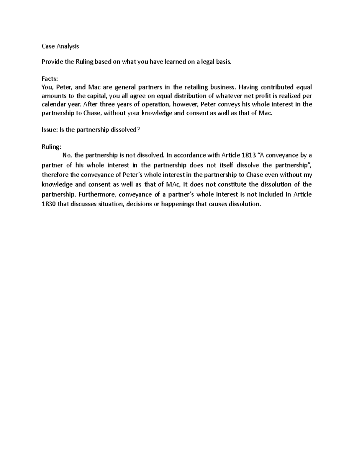 Case Analysis 4 - Case Analysis Provide the Ruling based on what you ...