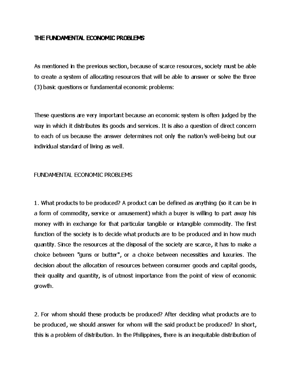 THE Fundamental Economic Problems - THE FUNDAMENTAL ECONOMIC PROBLEMS ...