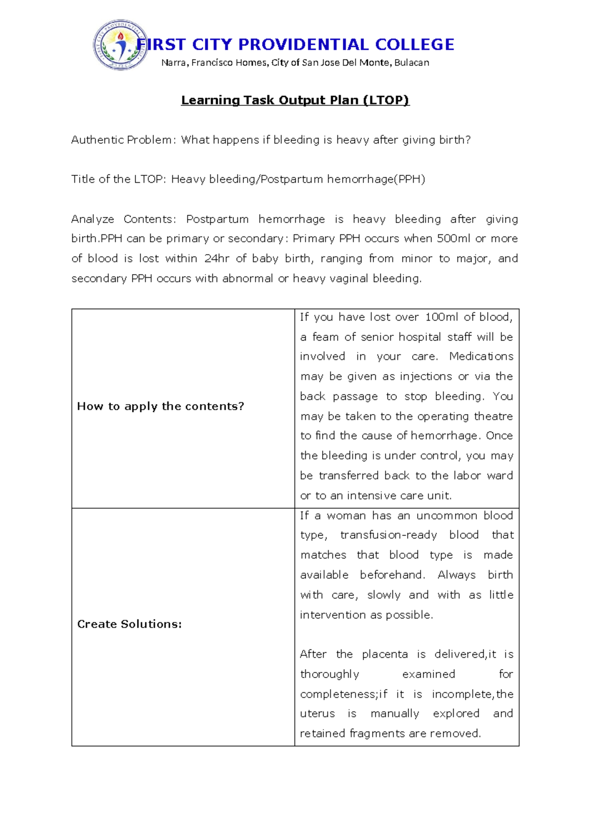 INS LTOP Activity Form - FIRST CITY PROVIDENTIAL COLLEGE Narra ...