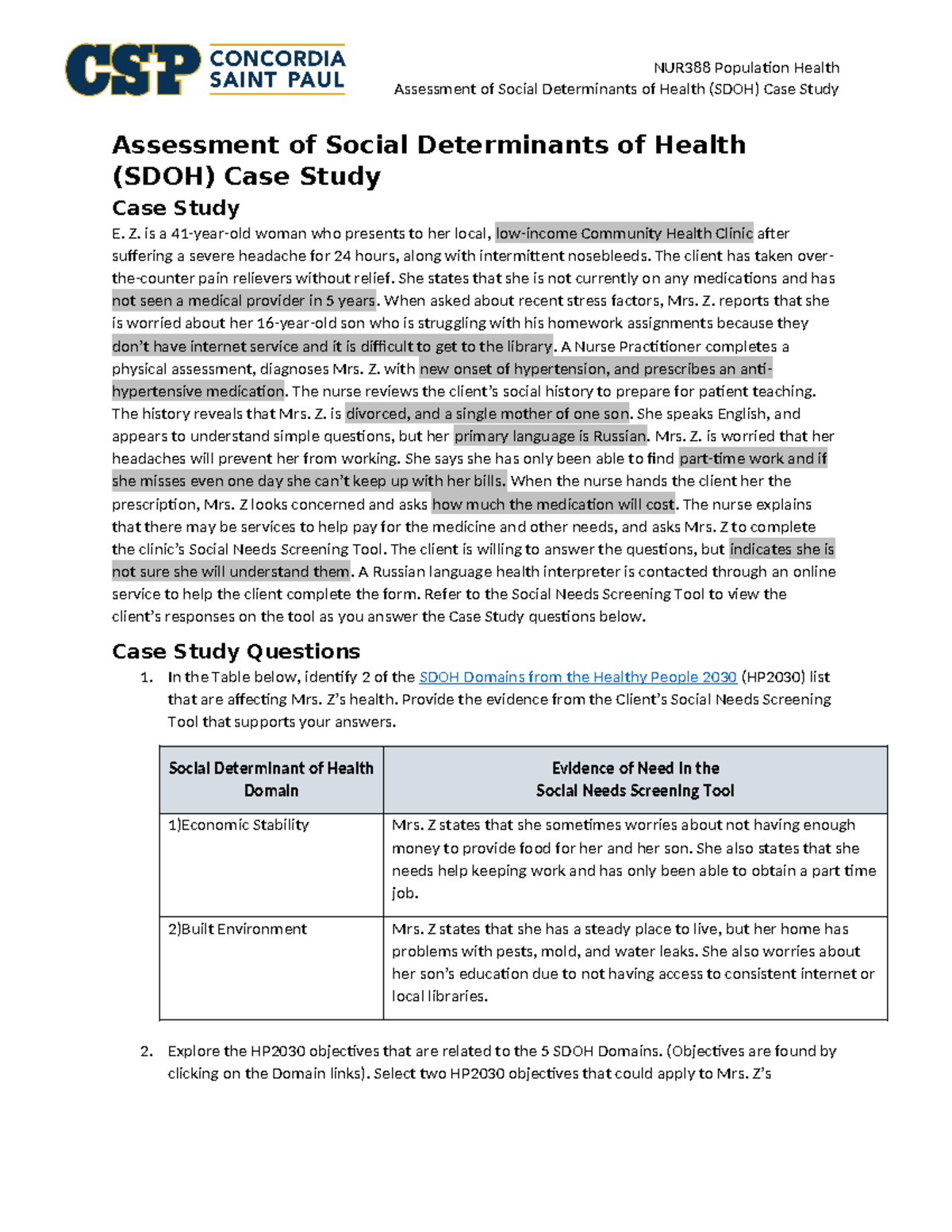 SDOH Case Study - NUR388 Population Health Assessment of Social ...