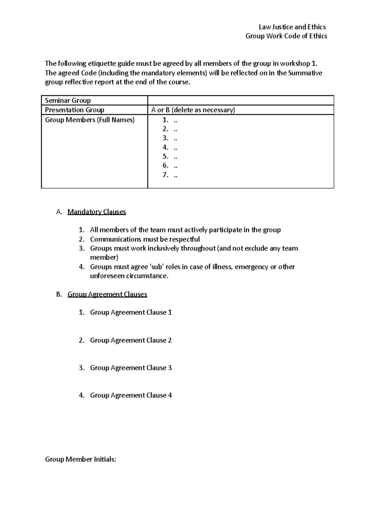 LJE Group Work Code of Ethics - Law Justice and Ethics Group Work Code ...