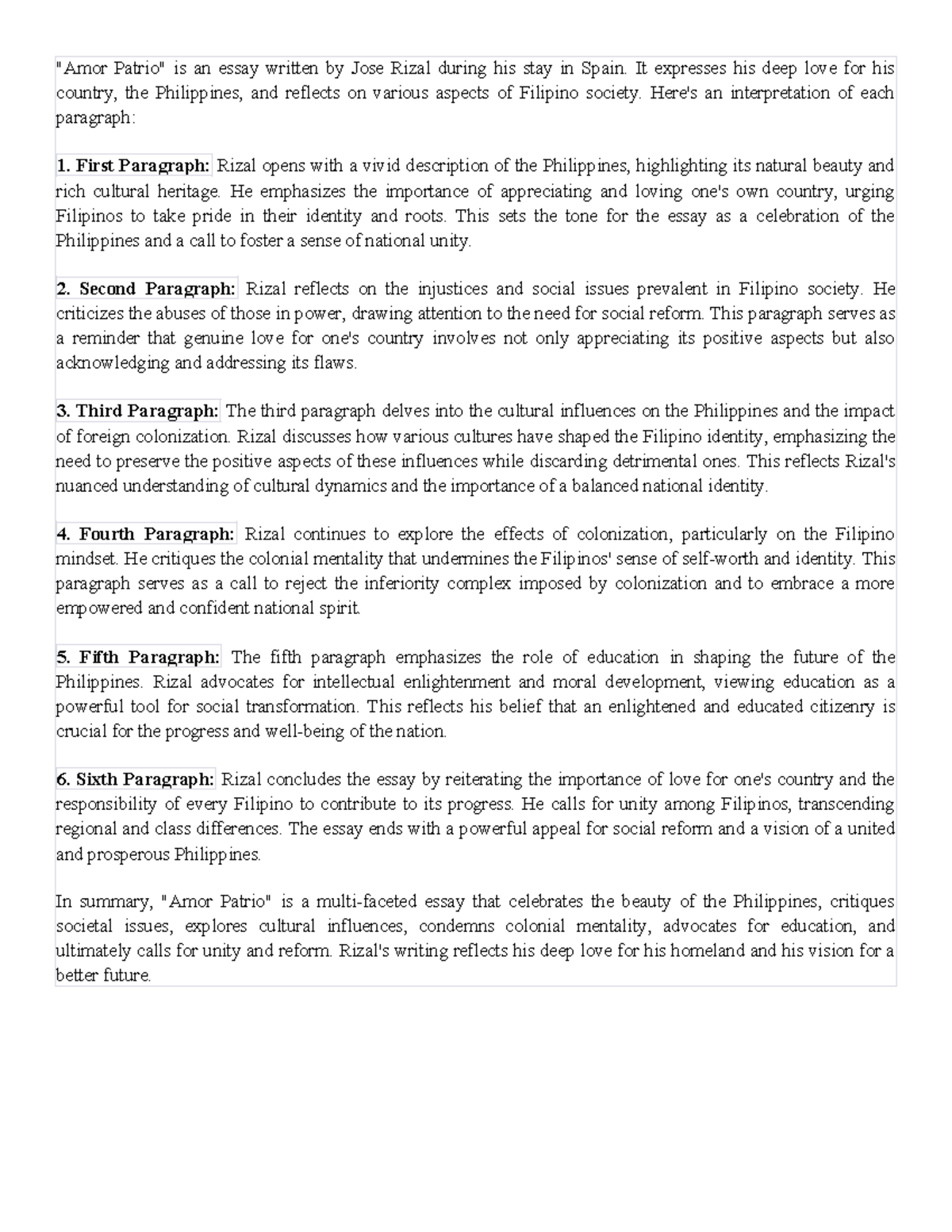 Amor Patrio - "Amor Patrio" is an essay written by Jose Rizal during ...