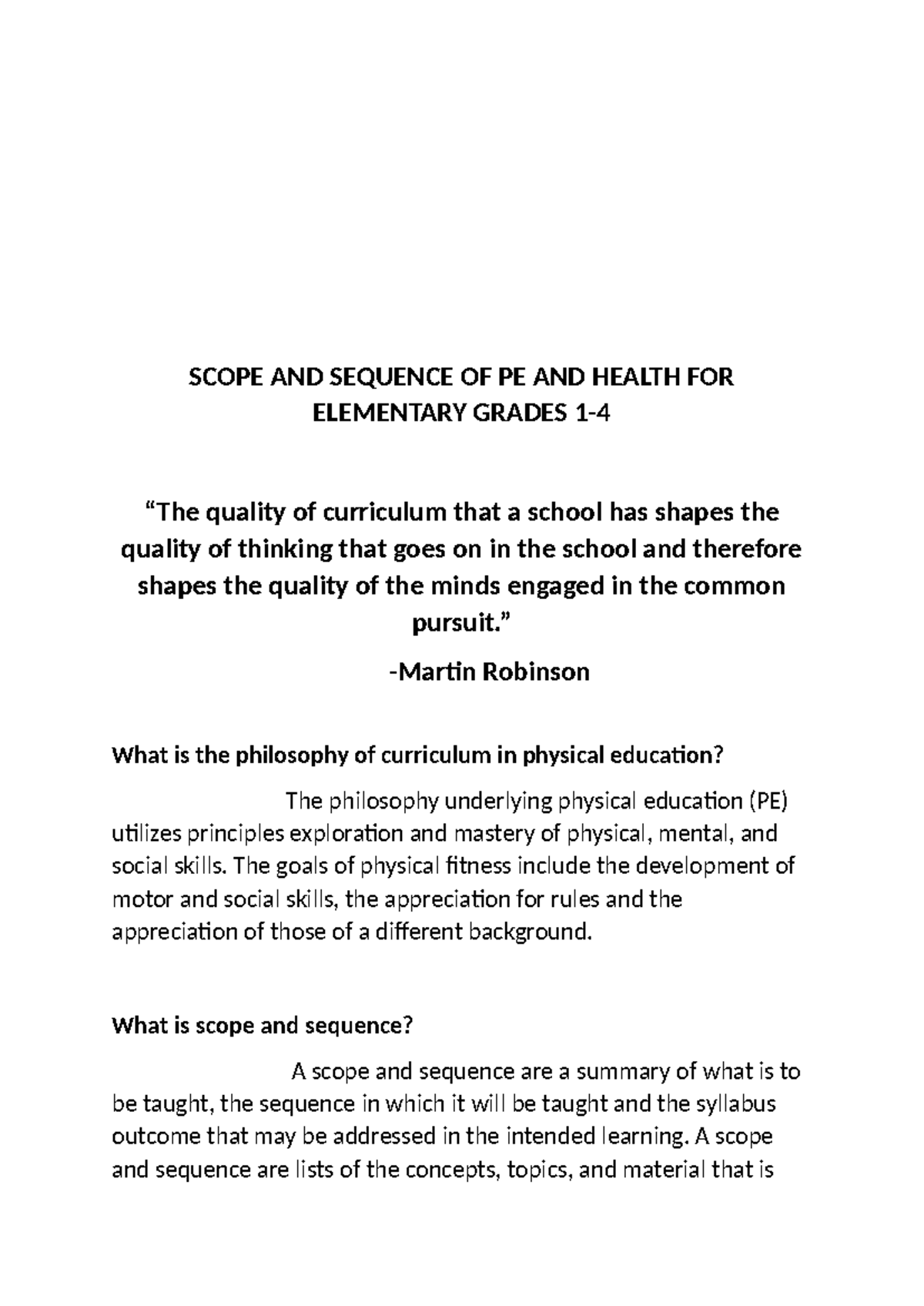 Scope and Sequence of Physical Education and Health - SCOPE AND ...