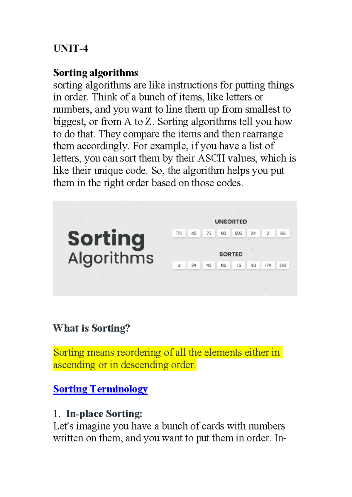 Ctsd unit 4 - Reference notes - UNIT- Sorting algorithms sorting ...