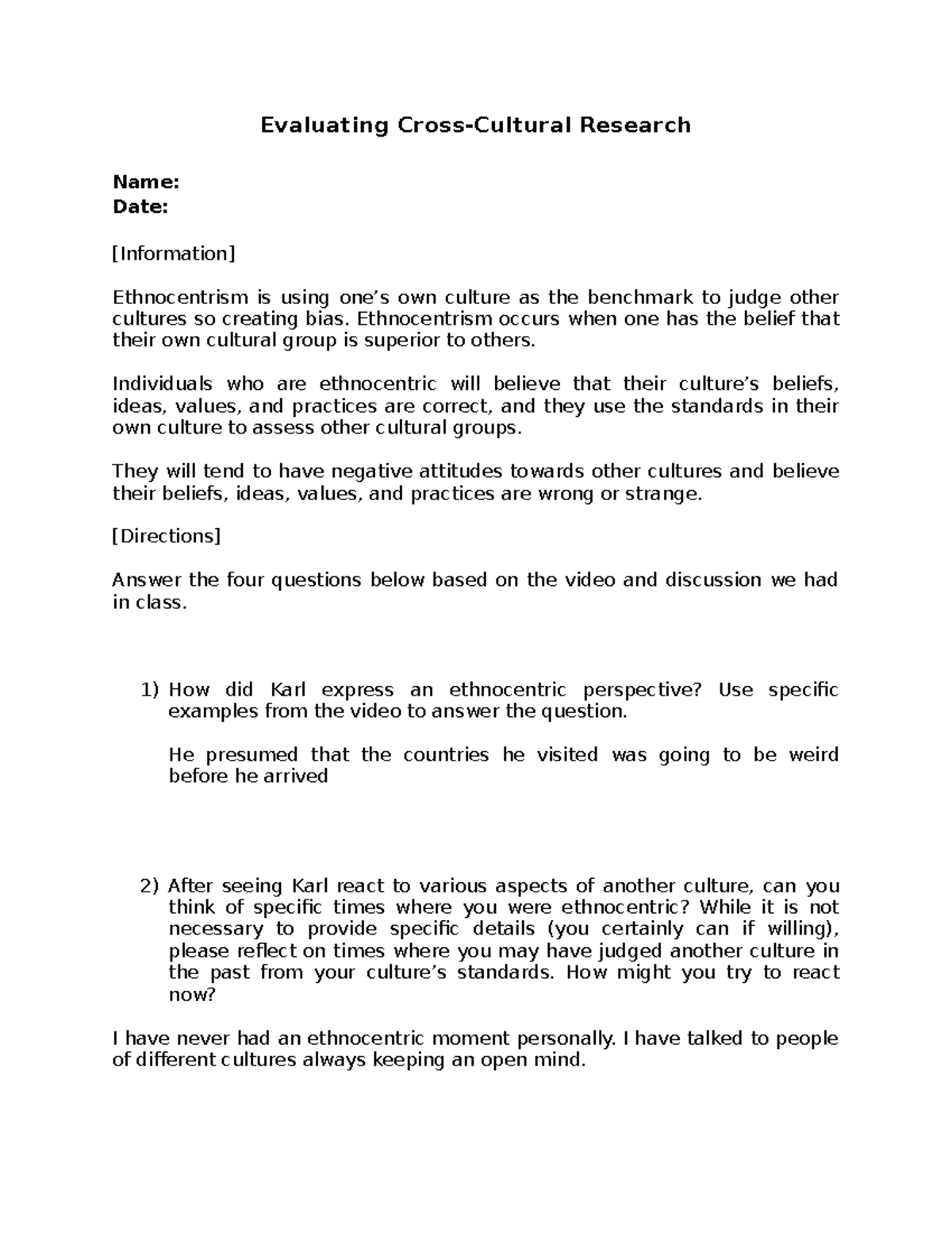 Ethnocentrism Worksheet submisson - Evaluating Cross-Cultural Research ...