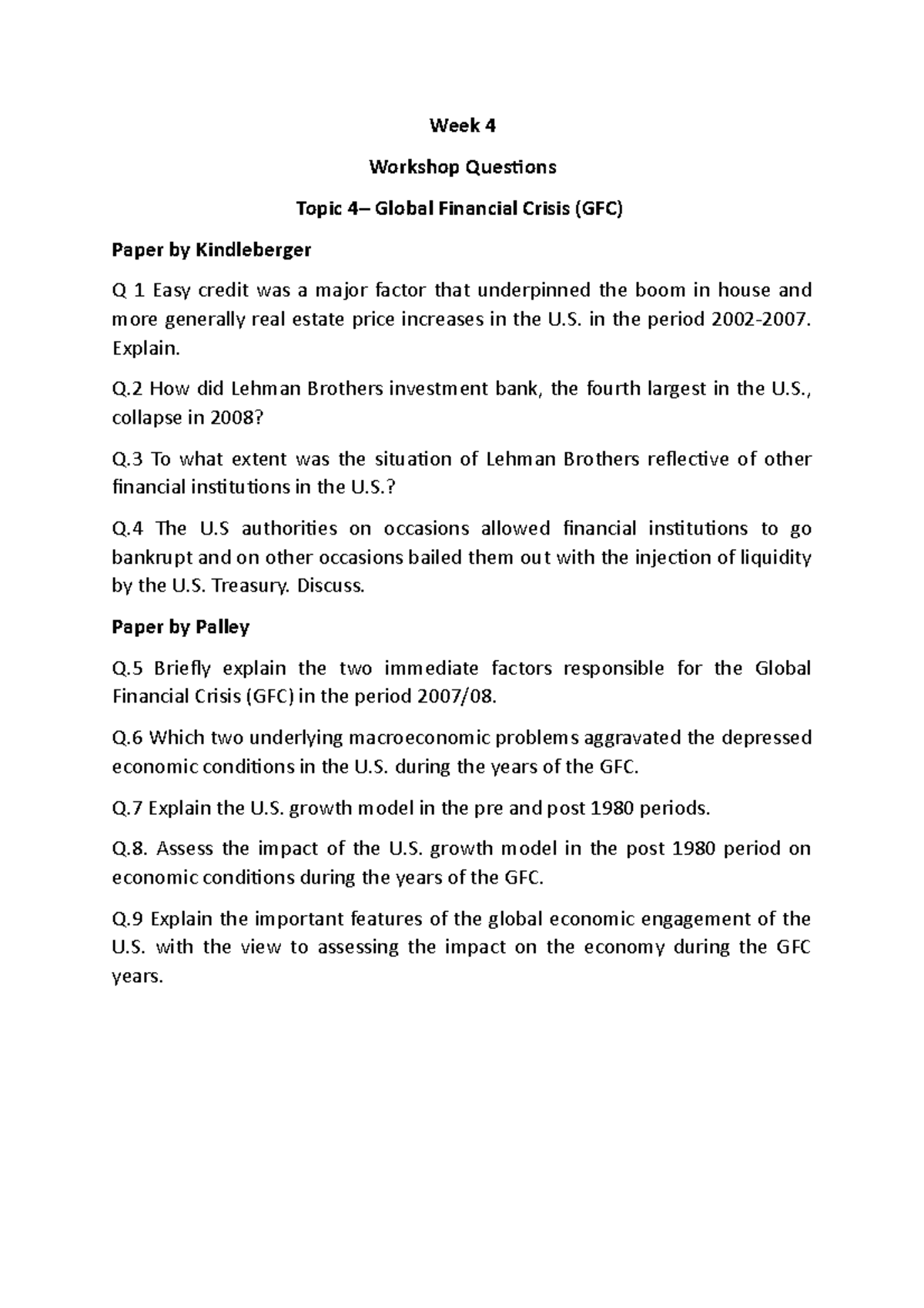 Workshop Questions Week 4 -GFC - Week 4 Workshop Questions Topic 4 ...