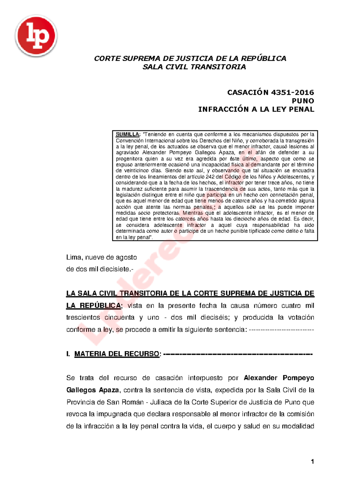 Casacion 4351 2016 Puno LP - SALA CIVIL TRANSITORIA CASACIÓN 4351- PUNO INFRACCIÓN A LA LEY ...