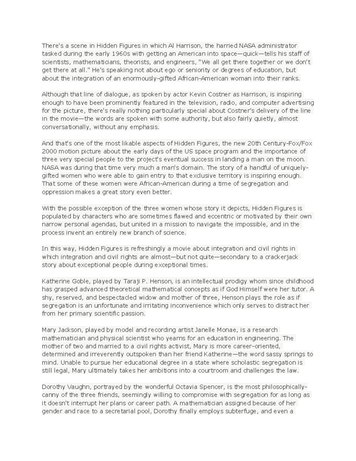 Hidden figures assignment - There's a scene in Hidden Figures in which ...