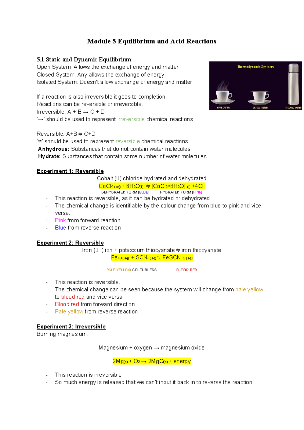 Module 5 - Noestes on equilibrium - Module 5 Equilibrium and Acid ...