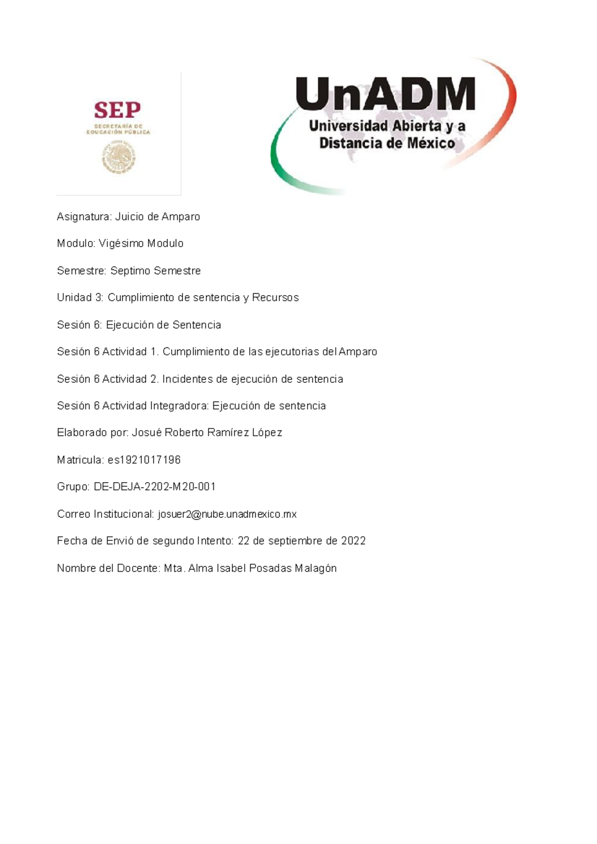 M20 U3 S6 Jo RL - Amparo Sesión 6 Actividad 1 - Asignatura: Juicio de Amparo Modulo: Vigésimo ...