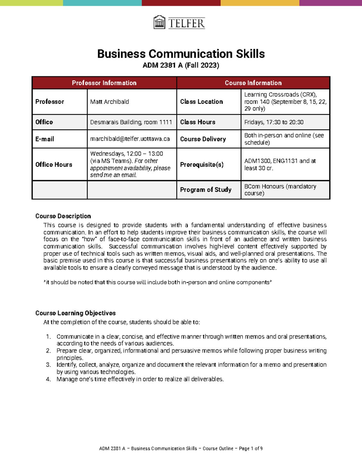 ADM 2381 - Course outline - Business Communication Skills ADM 2381 A ...