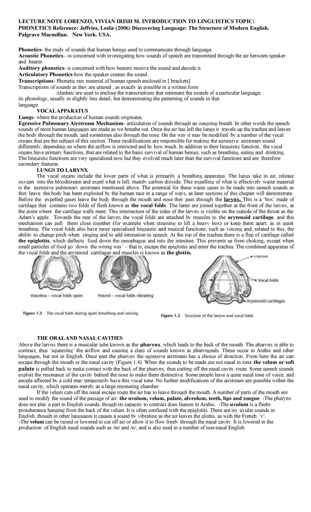 Lecture NOTE-Phonetics 1 - LECTURE NOTE LORENZO, VIVIAN IRISH M ...