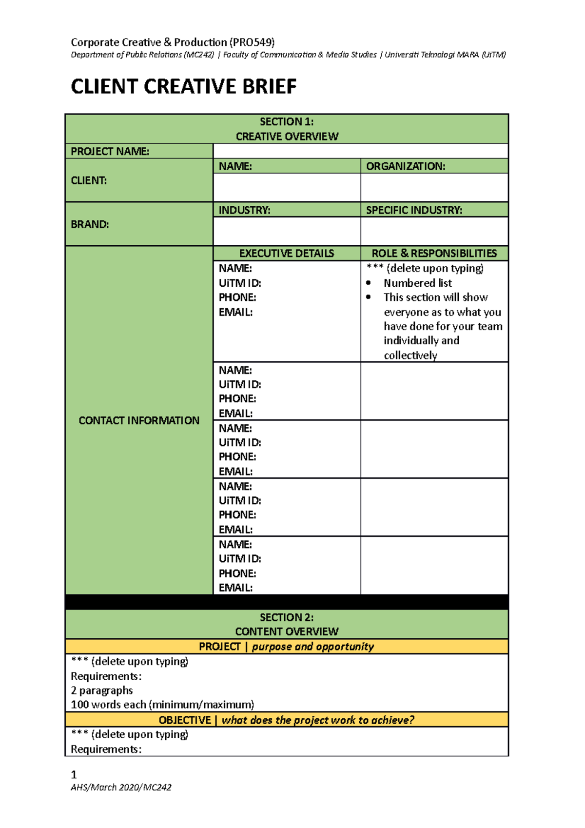 Client Creative Brief Template - Department of Public Relations (MC242 ...
