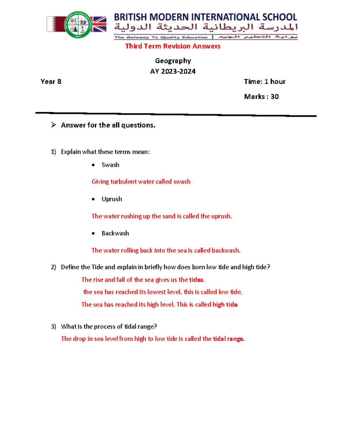 Geography year 8 - Third Term Revision Answers Geography AY 2023- 2024 ...