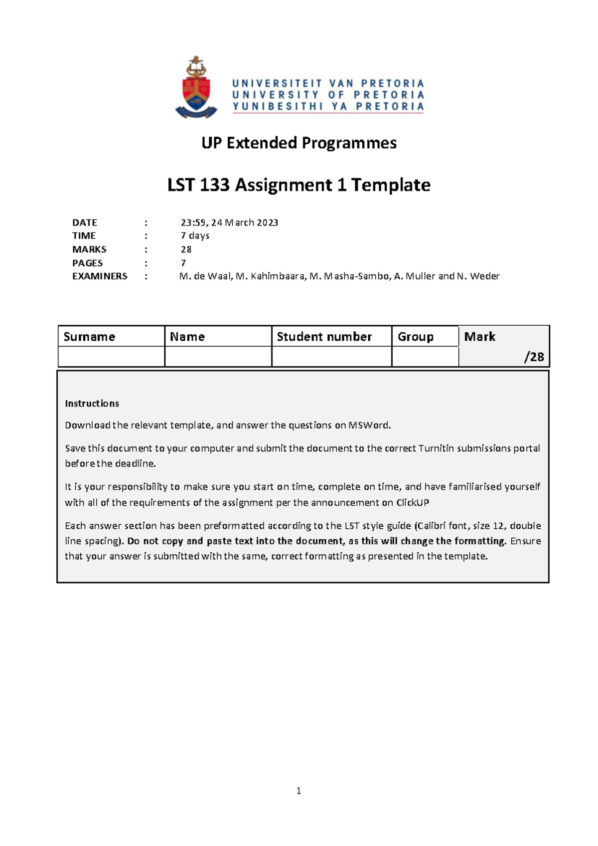 Assignment 1 template - UP Extended Programmes LST 1 33 Assignment 1 Template DATE : 23:59, 24 ...