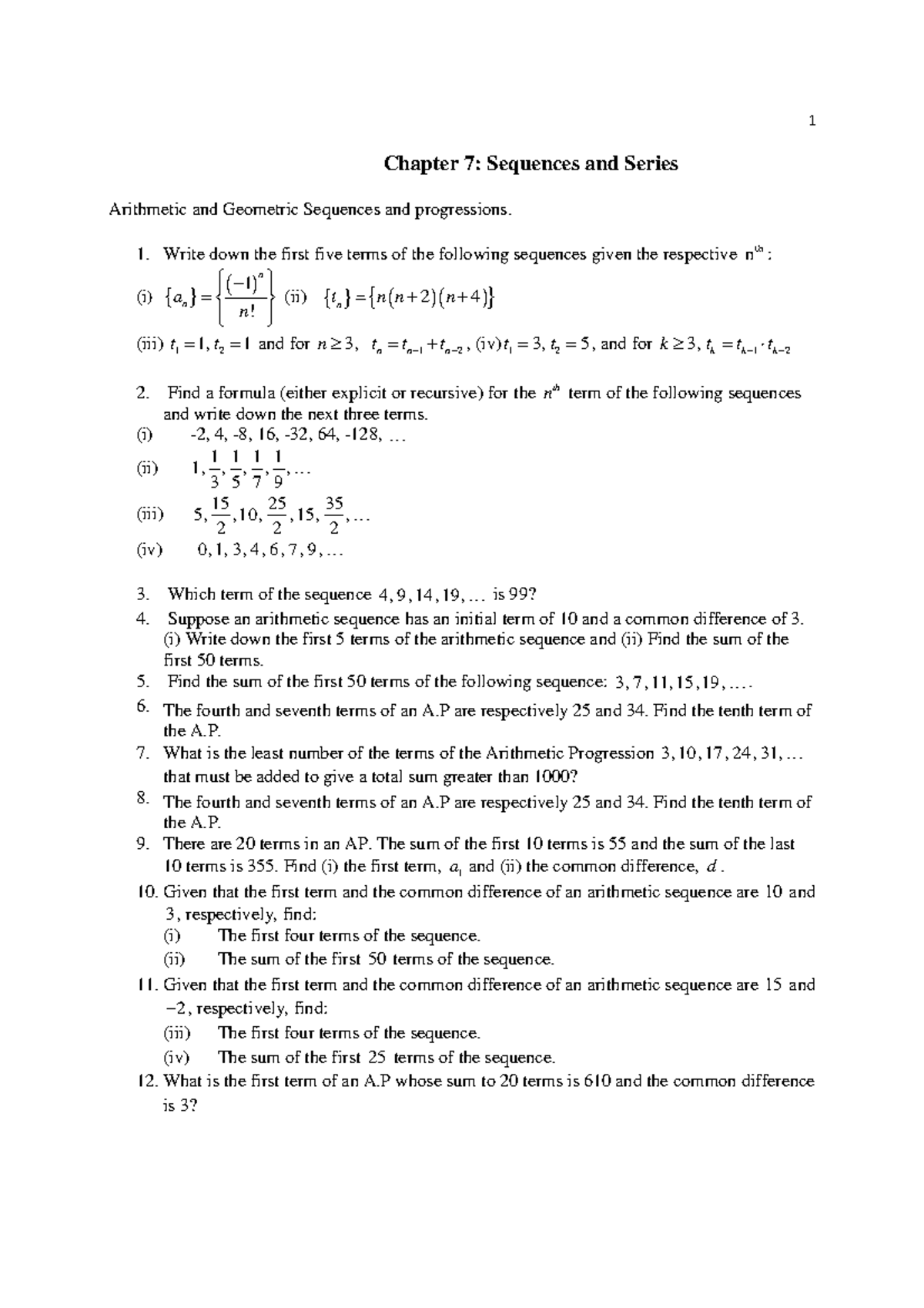 3Question Bank Ch 7-8-STA 101 - Chapter 7: Sequences and Series Arithmetic and Geometric ...