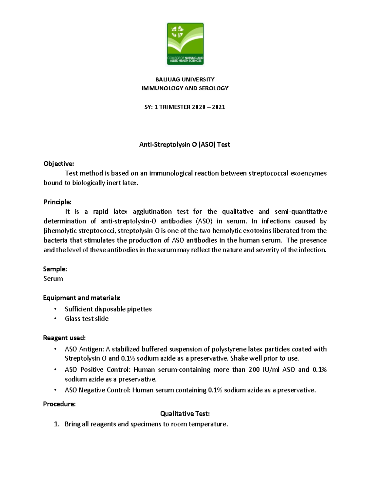 Anti-Streptolysin O (ASO) Test - IMMUNOLOGY AND SEROLOGY SY: 1 ...