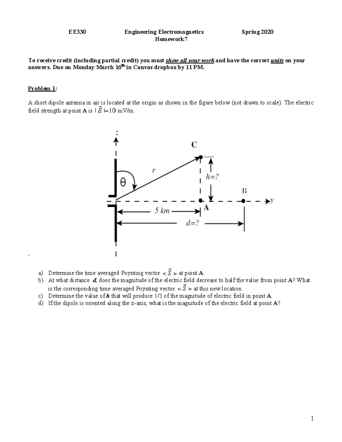 EE 330 HW7 Spring 2020 - 1 EE330 Engineering Electromagnetics Spring ...
